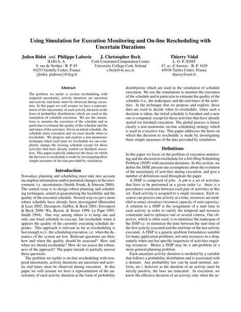 pdf using simulation for execution monitoring and on line rescheduling with uncertain durations