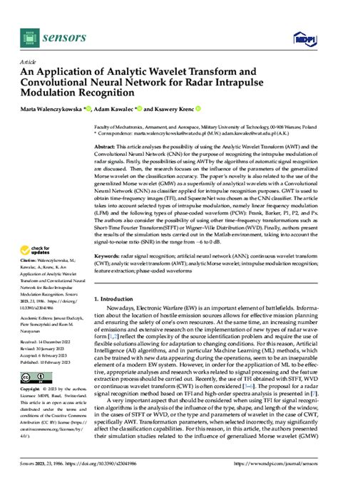 pdf an application of analytic wavelet transform and convolutional neural network for radar