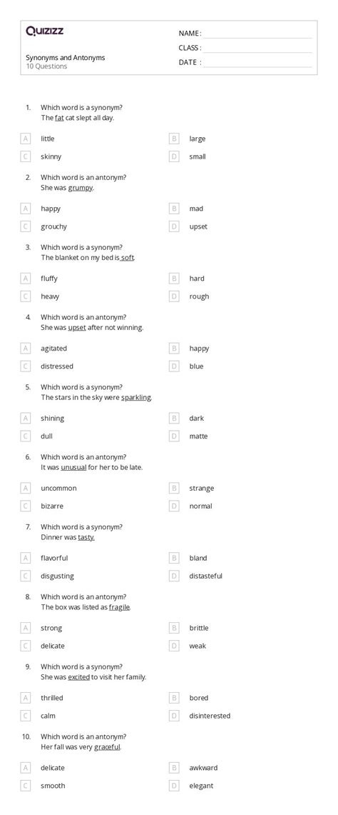 Synonyms Antonyms Th Grade Ela Worksheets And Answer Key