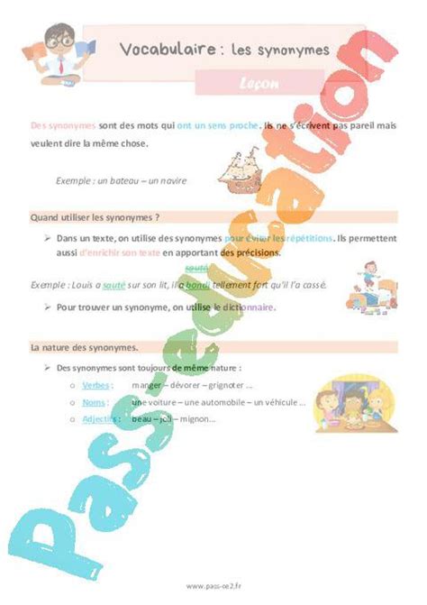 Les synonymes Leçon de vocabulaire pour le ce2 PDF gratuit à