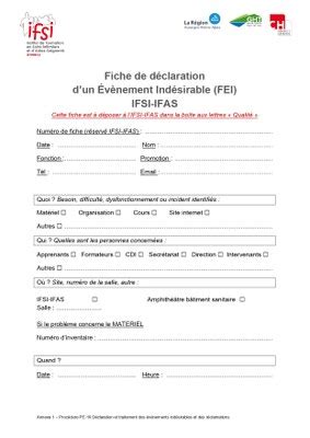 Fiche de déclaration dun Évènement Indésirable FEI Institut de