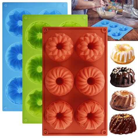 3PCS Mini Bundt Cake Pan 6 Cavity Silicone Baking Mold Non Stick