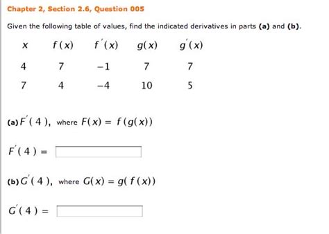 given the following table of values find the indicated