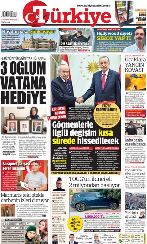 Türkiye Gazetesi 14 Temmuz 2023 Cuma Günü Manşeti