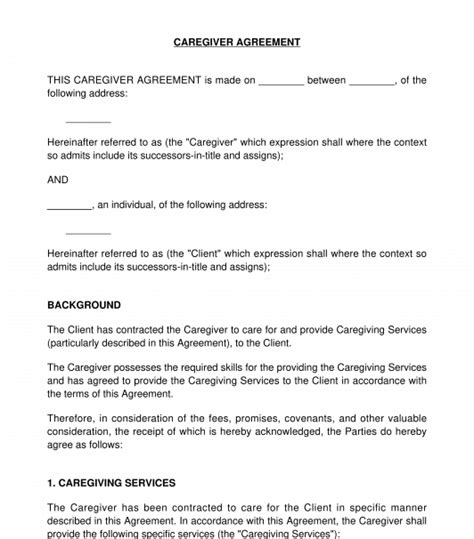 Free Caregiver Agreement Template Pdf Word Eforms Bank2home