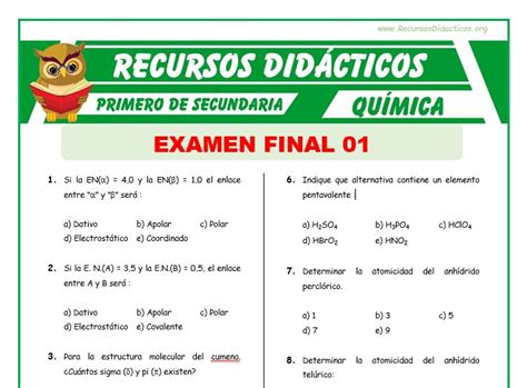 Examen de Química para Primero de Secundaria Recursos Didácticos