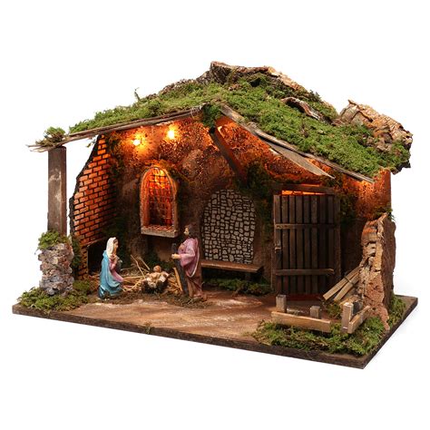 Capanna per presepe 10 cm con natività e luci dimensioni 40X50X30 cm