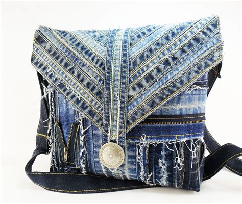 Denim Bag Upcycled Frayed Denim Patchwork Bag Clasp School Etsy