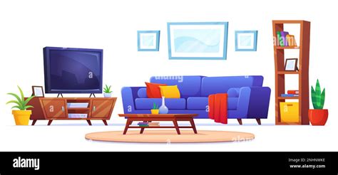 Interior De La Casa Con Muebles Y Tv Sala De Estar Con Sof Azul