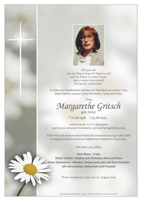 Todesanzeige Margarethe Gritsch Trauer Link