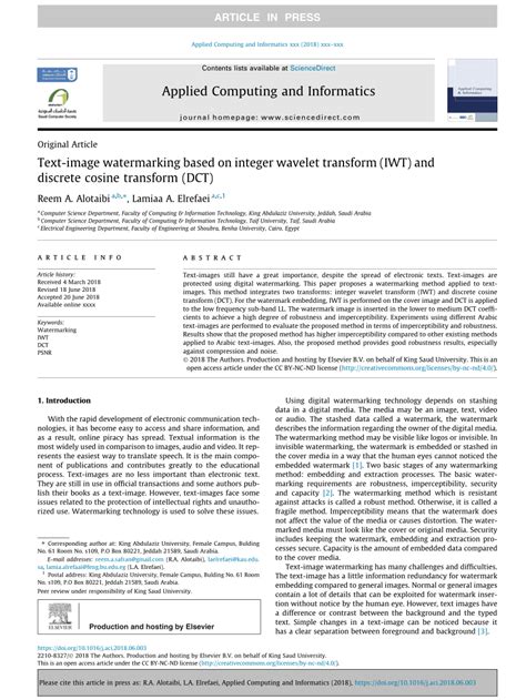 pdf text image watermarking based on integer wavelet transform iwt and discrete cosine
