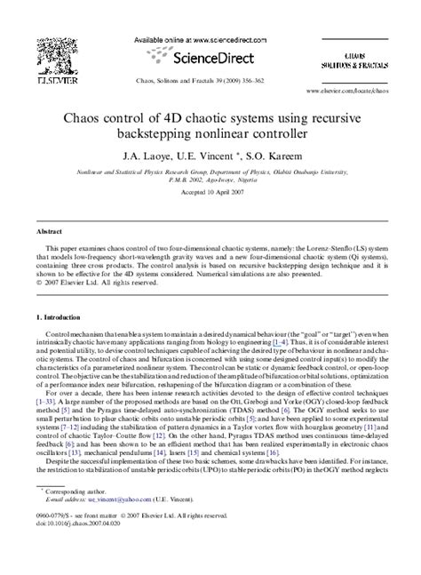 pdf chaos control of 4 d chaotic systems using recursive backstepping nonlinear controller