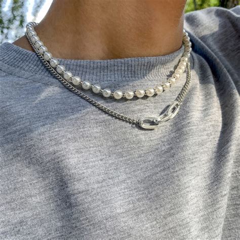 Collier perle blanche homme Bijoux bi matière