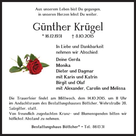 Traueranzeigen von Günther Krügel trauer38 de