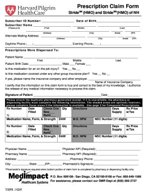 Fillable Online Prescription Claim Form Harvard Pilgrim Health Care