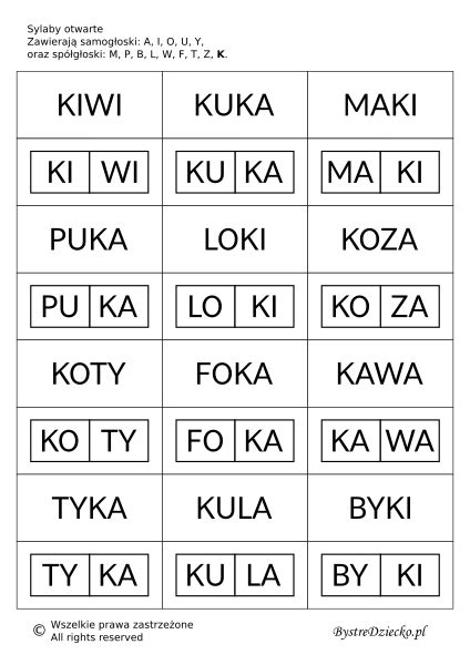 Sylaby otwarte ze spółgłoską K