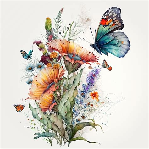 Ramo De Flores De Acuarela Con Mariposas Foto Premium