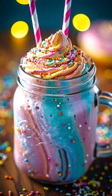 Premium Photo Rainbow Unicorn Milkshake In A Jar With Sprinkles On It