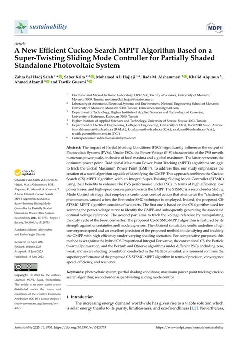 pdf a new efficient cuckoo search mppt algorithm based on a super twisting sliding mode