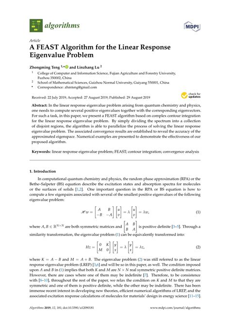 pdf a feast algorithm for the linear response eigenvalue problem