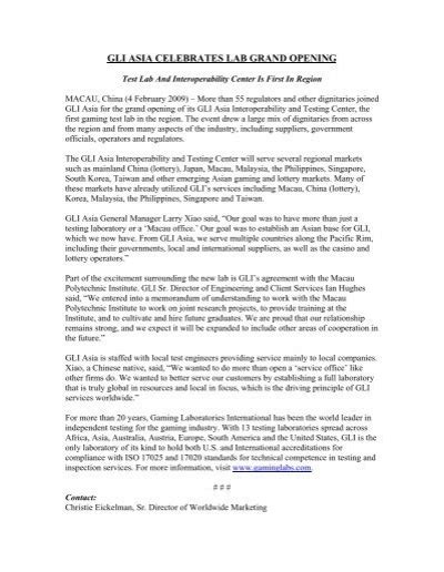 Gli Asia Celebrates Lab Grand Opening Gaming Laboratories