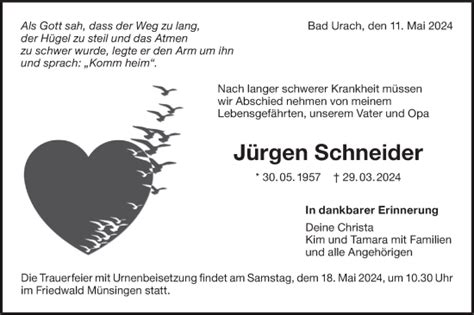 Traueranzeigen von Jürgen Schneider Südwest Presse Trauer