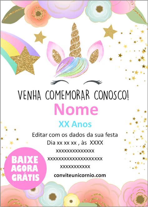 Convite Aniversário Unicórnio Grátis Para editar e Baixar