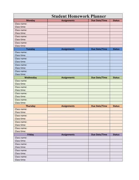 Daily Homework Schedule Template Excel Templates