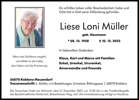 Traueranzeigen von Liese Loni Müller rz trauer de