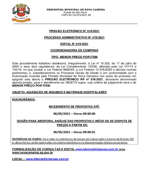 Preenchível Disponível OBJETO AQUISIO DE INSUMOS E MATERIAIS