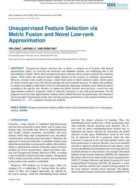 pdf unsupervised feature selection via metric fusion and novel low rank approximation