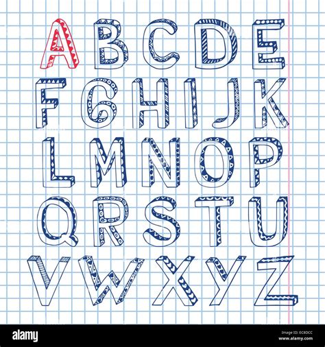Croquis dessinés à la main doodle 3d lettres alphabet sur squared page