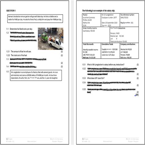 Grade 11 Mathematical Literacy November Exam Memo Paper 1 2023