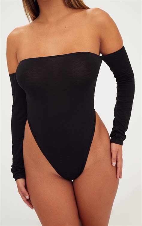 Black Bardot High Leg Longsleeve Thong Bodysuit Prettylittlething Usa