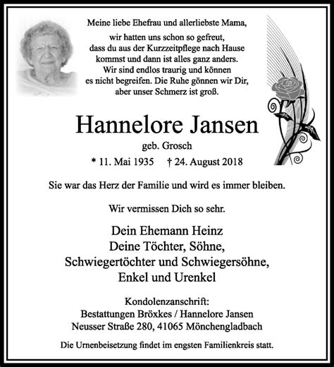 Traueranzeigen Von Hannelore Jansen Trauer Und Gedenken
