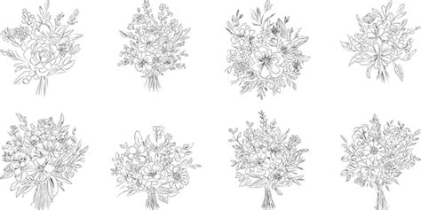 Ramo De Flores Arte Lineal Conjunto Floral En Blanco Y Negro Paquete
