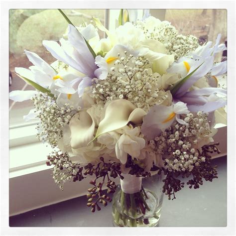 Light Blue Iris Baby S Breath Hydrangeas And Mini Calla Lily Bouquet