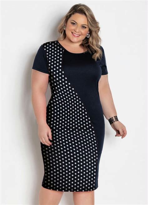 Vestido Midi Preto e Poá Plus Size Marguerite