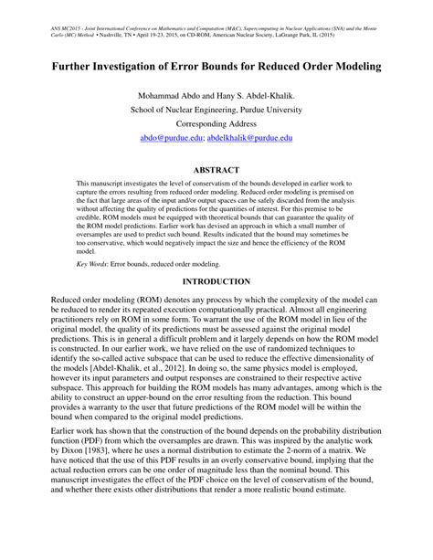 pdf further investigation of error bounds for reduced order modeling