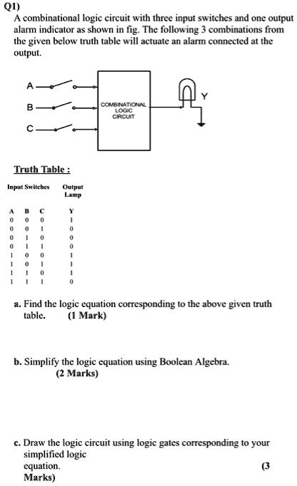 solved q1 a combinational logic circuit with three input switches and one output alarm