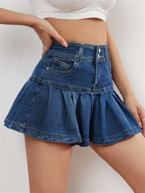 SHEIN Frenchy High Waist Pleated Hem Denim Skirt SHEIN USA
