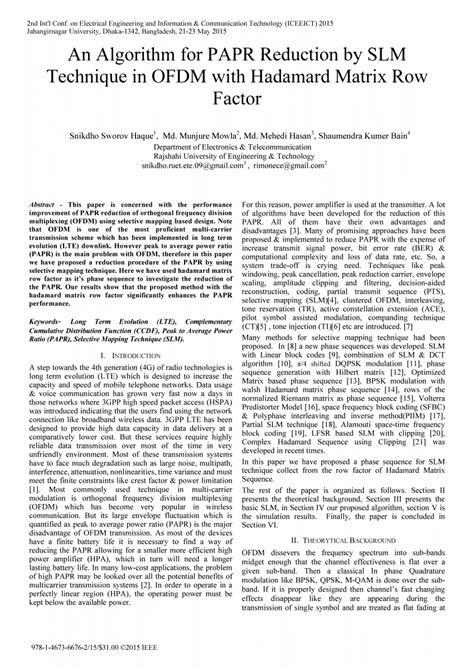pdf an algorithm for papr reduction by slm technique in ofdm with hadamard matrix row factor