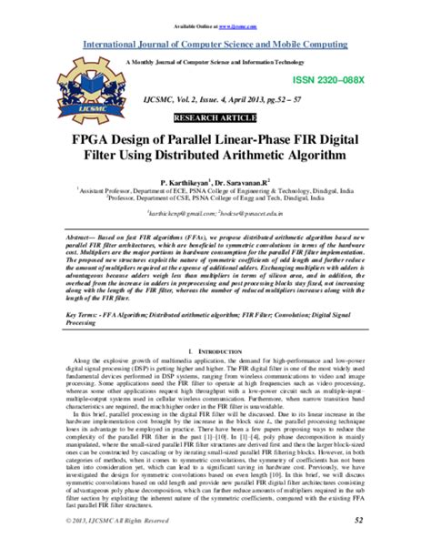 pdf fpga design of parallel linear phase fir digital filter using distributed arithmetic