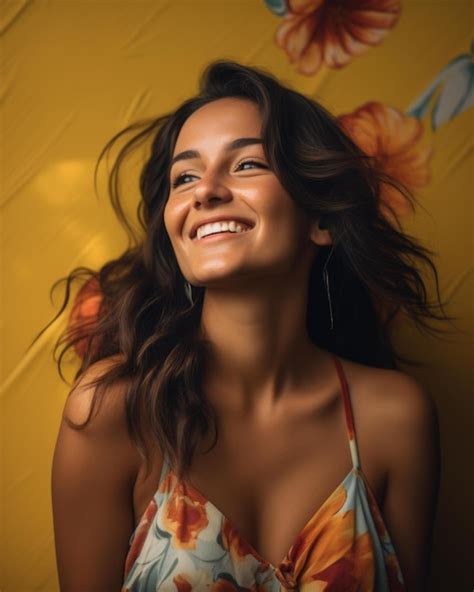 Retrato De Una Hermosa Mujer Joven Sonriendo En Una Foto De Fondo