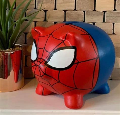 Spider Man Superhero Hand Painted Ceramic Piggy Bank Etsy