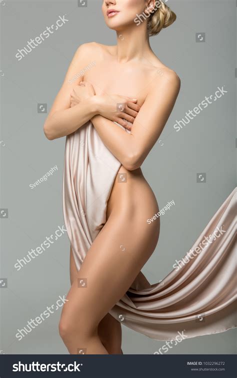 Beautiful Naked Woman Silk Fabrics Covering Stock Photo
