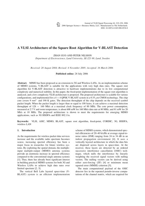pdf a vlsi architecture of the square root algorithm for v blast detection