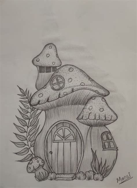 A Pencil Drawing Of A Mushroom House