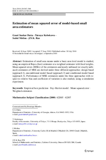 pdf estimation of mean squared error of model based estimators of small area means under a