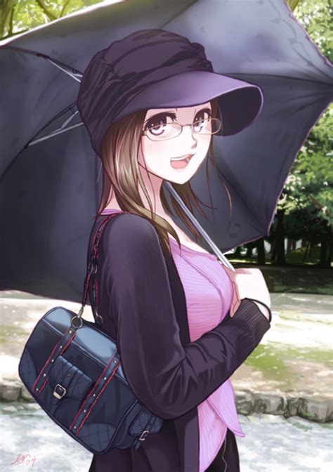 Safebooru Blue Eyes Blush Bracelet Brown Hair Eri Artist Glasses Hat Jewelry Original Purse